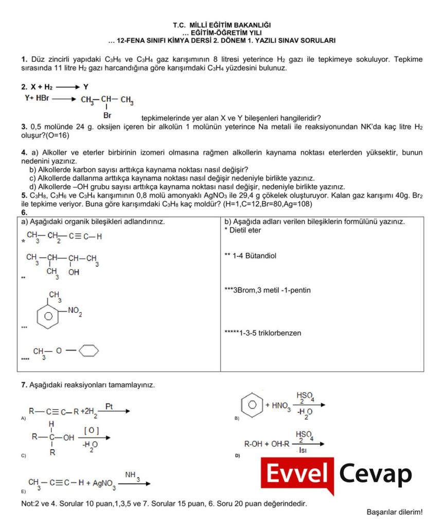 12. Sınıf Kimya 2. Dönem 1. Yazılı Soruları 2018-2019