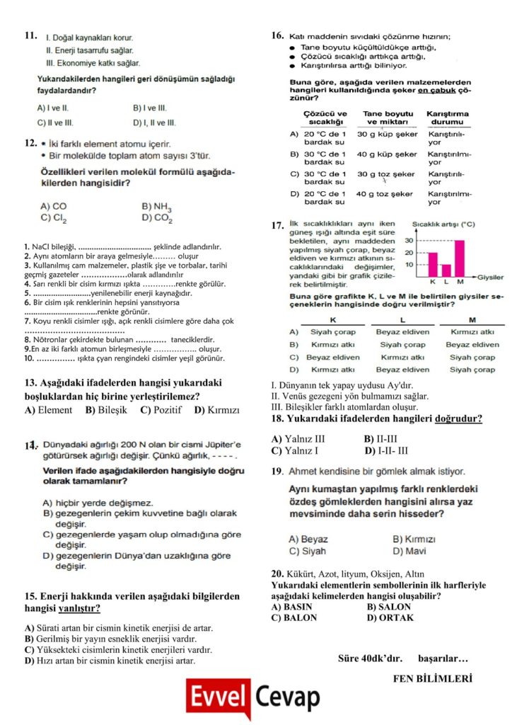 7. Sınıf Fen Bilimleri 2. Dönem 1. Yazılı Soruları 2018-2019