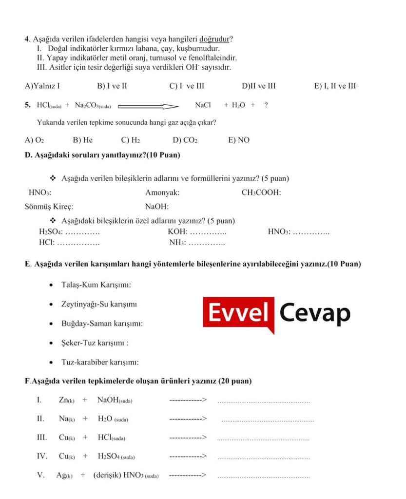 10. Sınıf Kimya 2. Dönem 2. Yazılı Soruları 2018-2019