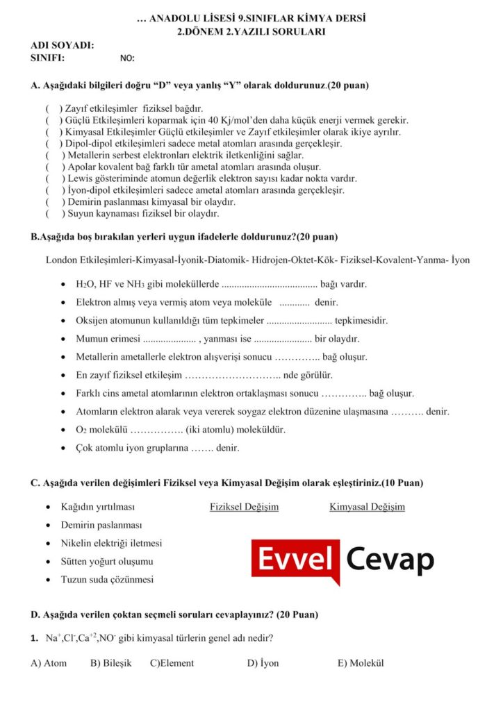 9. Sınıf Kimya 2. Dönem 2. Yazılı Soruları 2018-2019