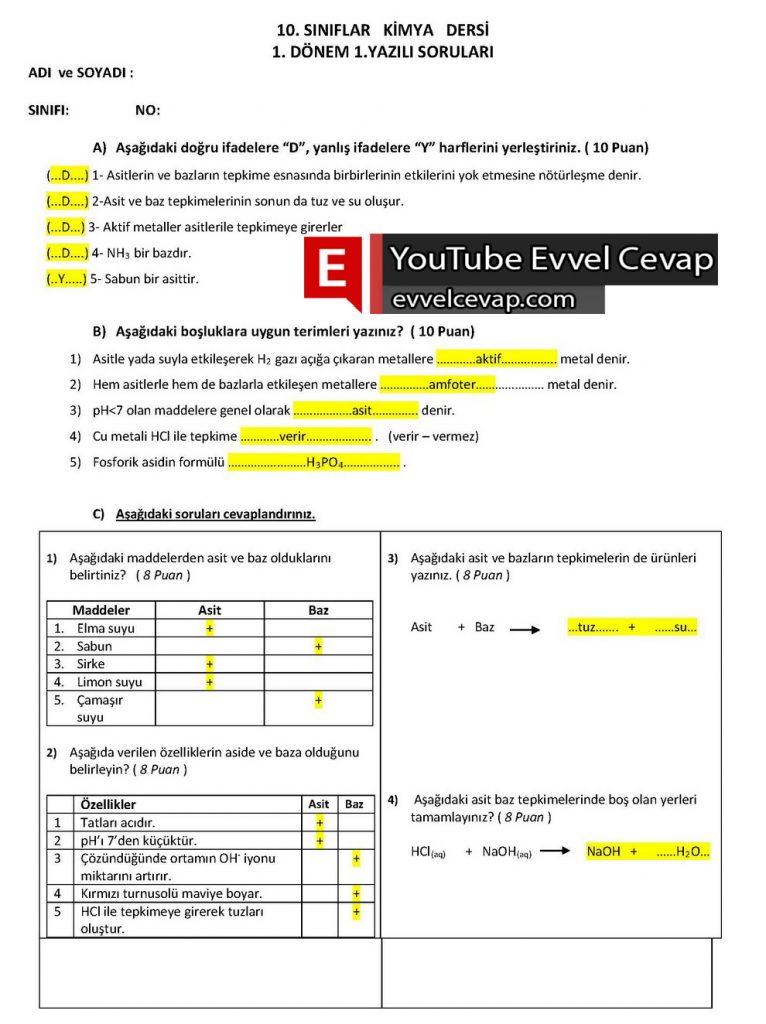 10. Sınıf Kimya 1. Dönem 1. Yazılı Soruları