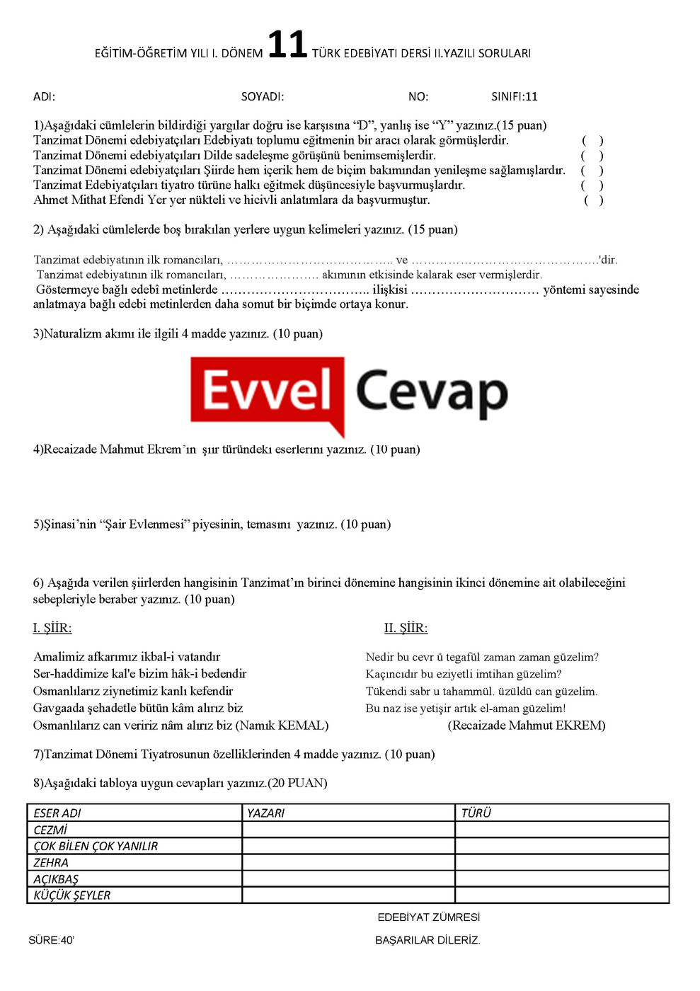 11. Sınıf Türk Dili ve Edebiyatı 1. Dönem 2. Yazılı Soruları