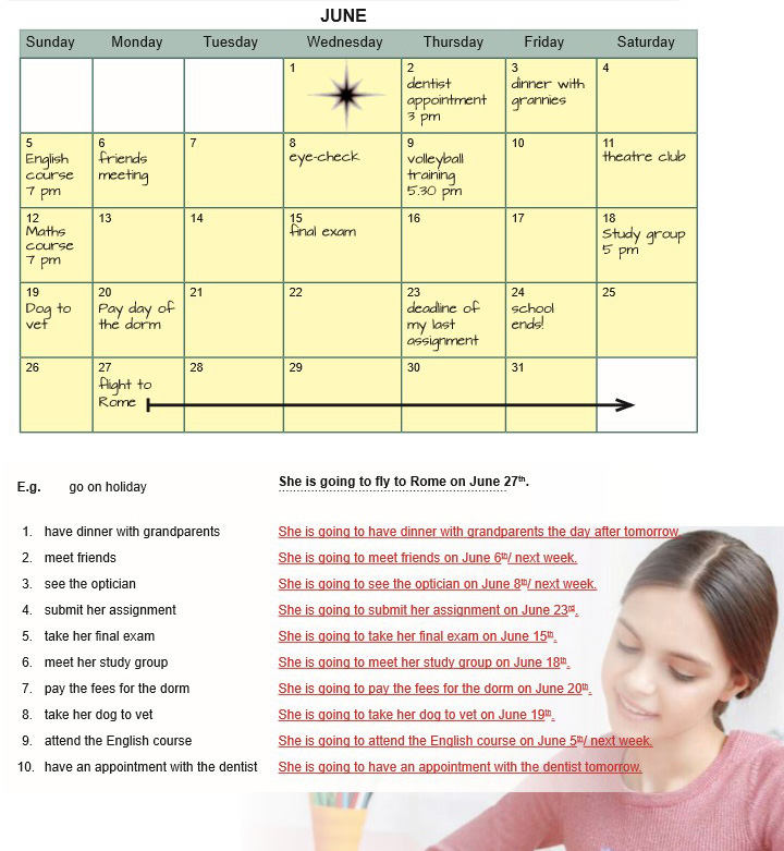 Look at Mandy’s calendar and make sentences for her using future time ...