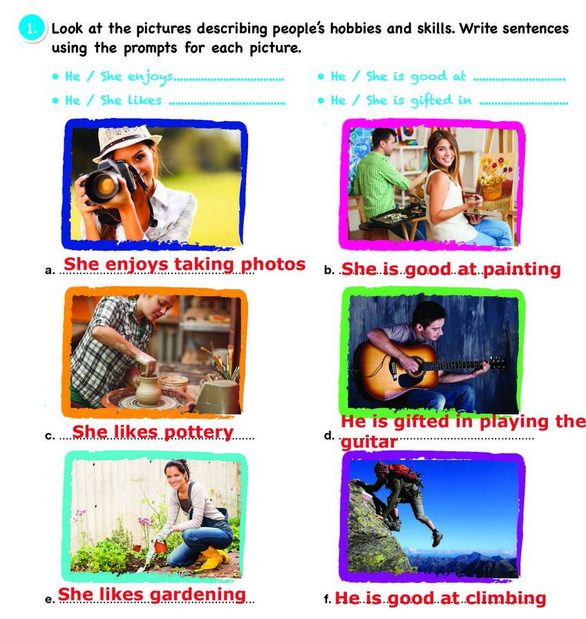Look at the pictures describing people’s hobbies and skills. Write ...
