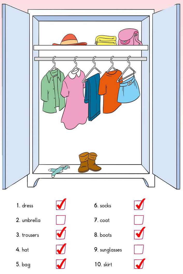 Look and tick the clothes in the wardrobe.