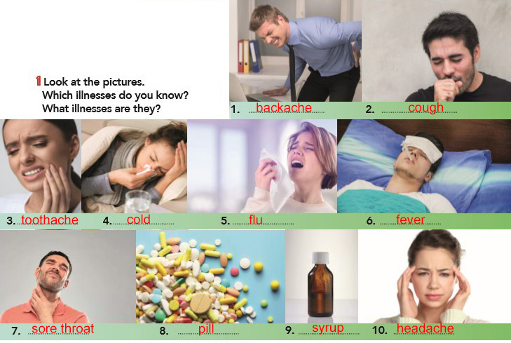 Look at the pictures. Which illnesses do you know? What illnesses are they?