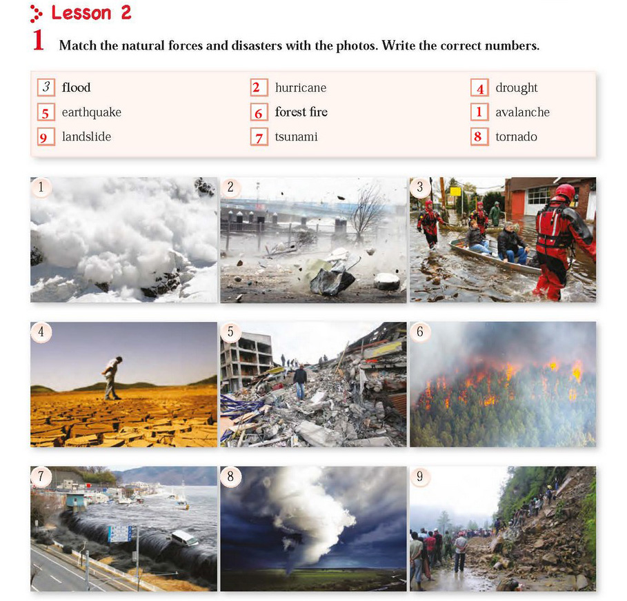 Match the natural forces and disasters with the photos. W rite the ...