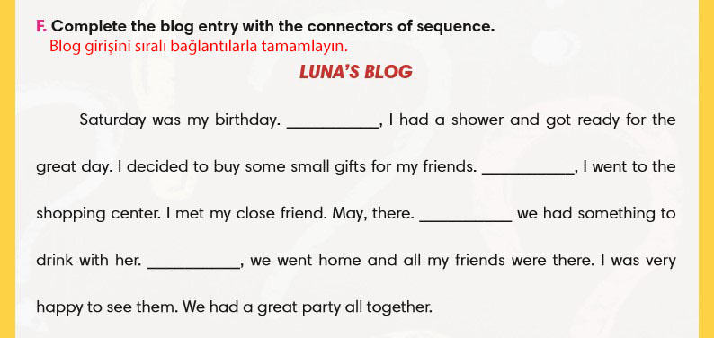 Complete the blog entry with the connectors of sequence.