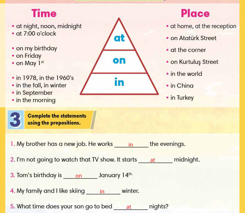 Complete the statements using the prepositions.