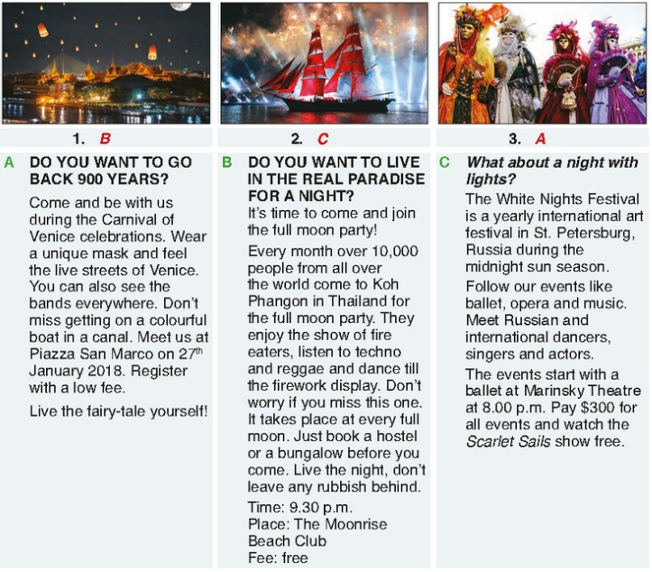 Read the announcements of the different celebrations and match them ...