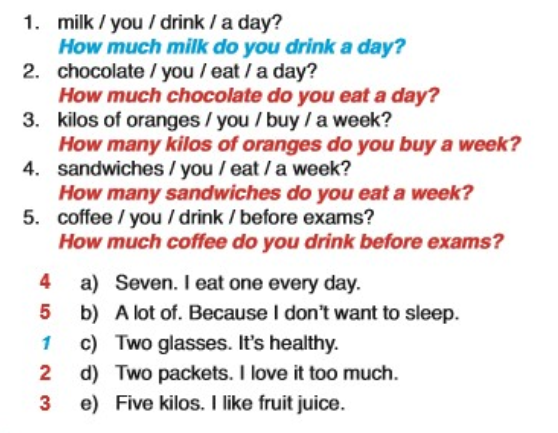 Write questions with How much/How many. Then match them with the answers.