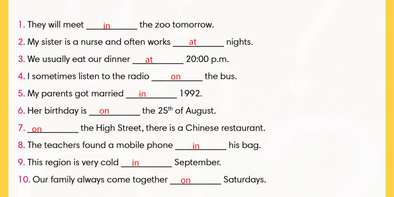 Write the correct preposition for statements.