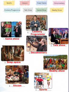 Write the types of TV genres under the TV programme photos.