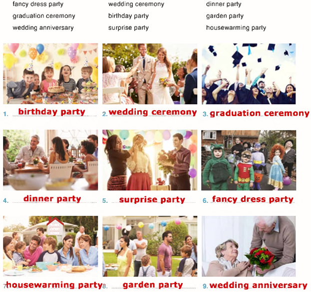 Label the pictures with the celebration types in the list below.
