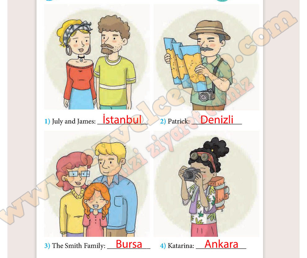 Listen and match the people with the cities in D.