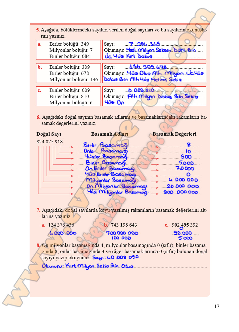 5. Sınıf Matematik Ders Kitabı Cevapları Özgün Matbaacılık Sayfa 17