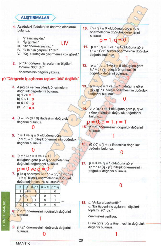 9. Sınıf Matematik Ders Kitabı Cevapları Sayfa 26 (MESEM)