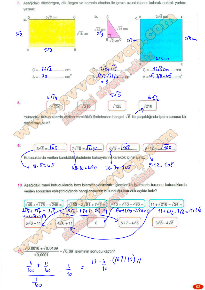 8. Sınıf Matematik Ders Kitabı Cevapları Berkay Yayıncılık Sayfa 93
