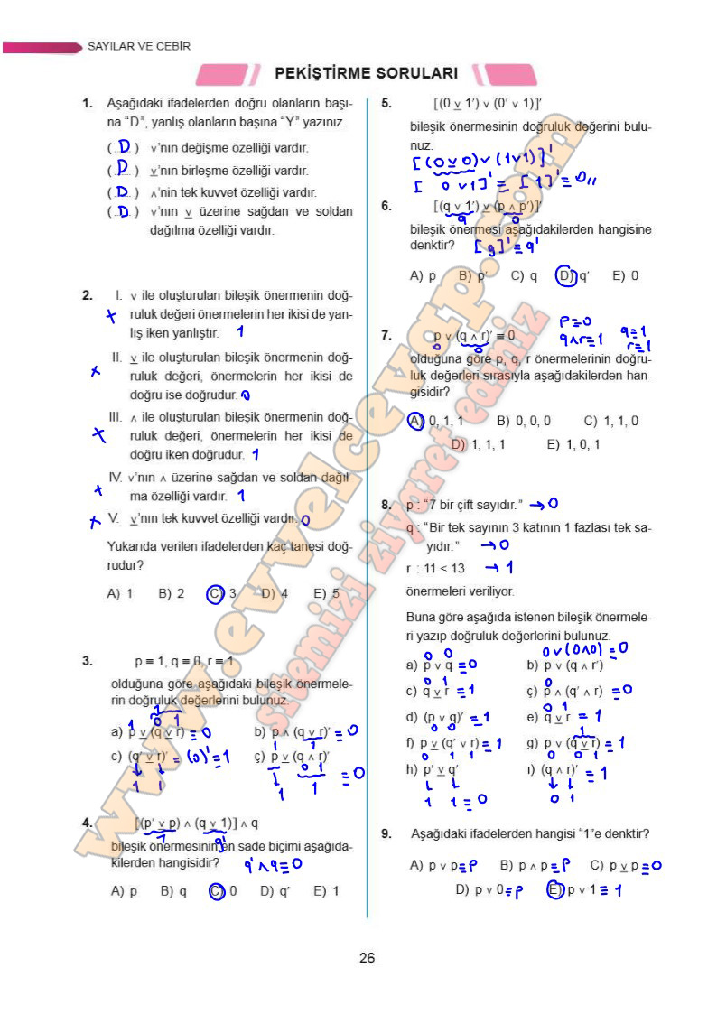 9. Sınıf Matematik Ders Kitabı Cevapları Ata Yayıncılık Sayfa 26