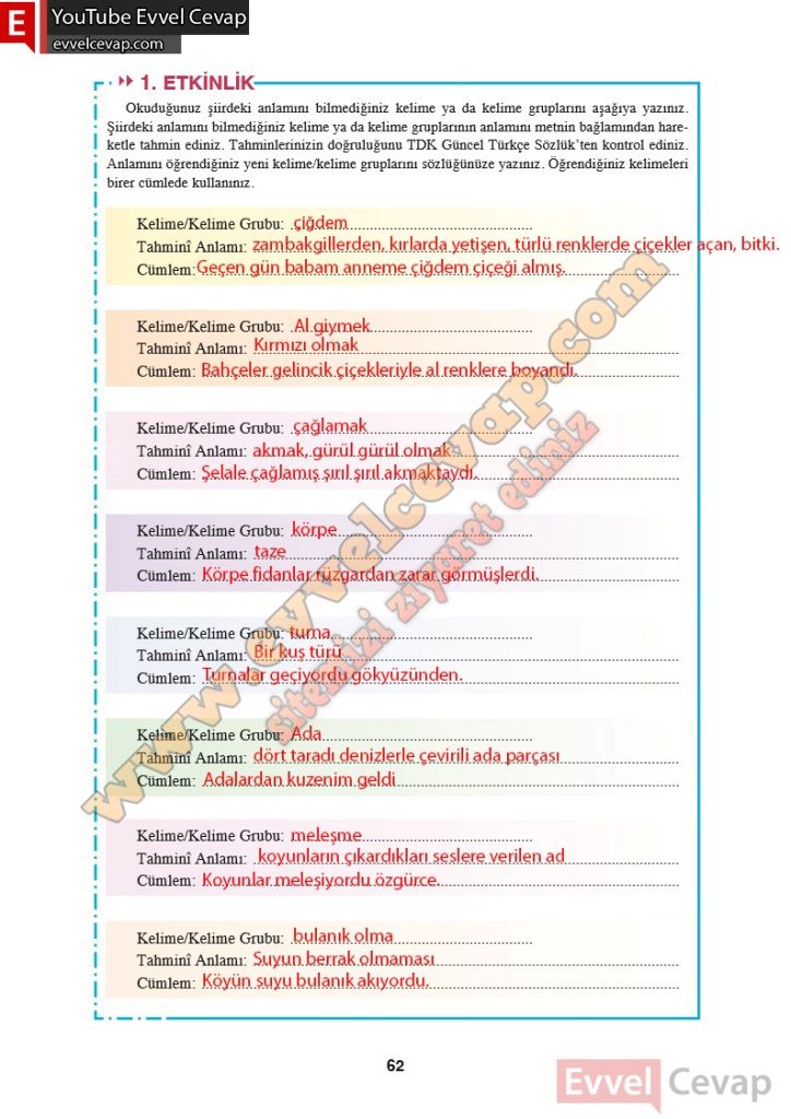 8. Sınıf Ferman Yayınları Türkçe Ders Kitabı Cevapları Sayfa 60-61-62 ...