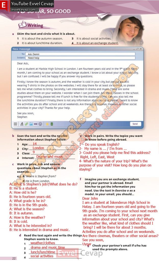 9. Sınıf İngilizce Uplift Ders Kitabı Cevapları Sayfa 22