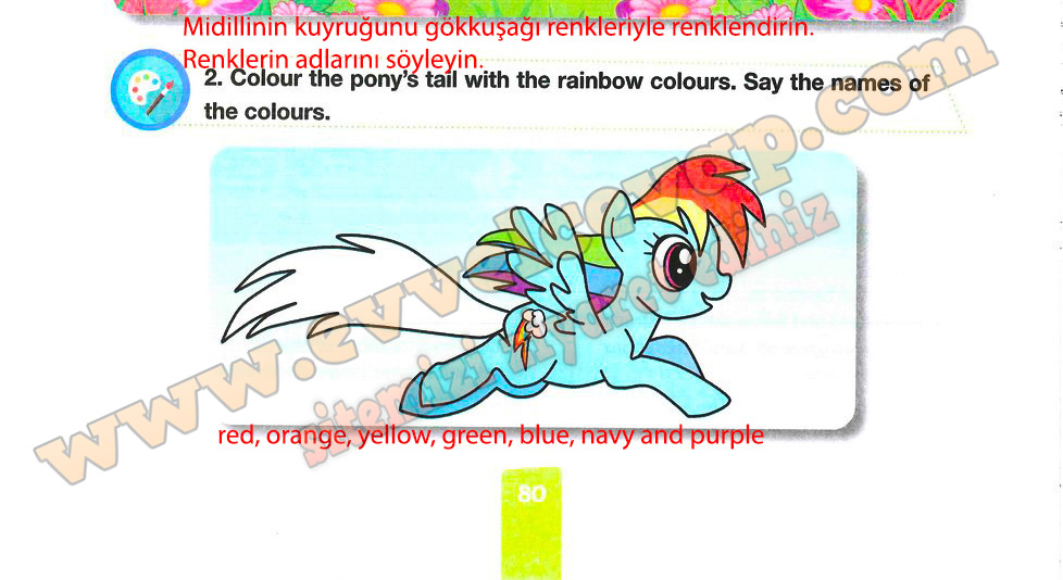 Colour the pony's tail with the rainbow colours. Say the names of the ...