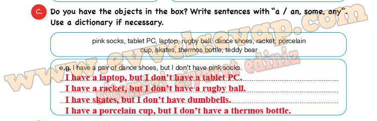 Do you have the objects in the box? Write sentences with "a / an, some ...