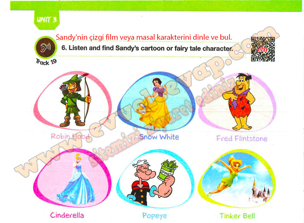 Listen and find Sandy’s cartoon or fairy tale character.