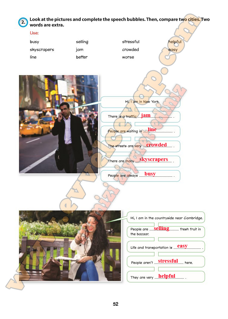 Look at the pictures and complete the speech bubbles.Then, compare two ...