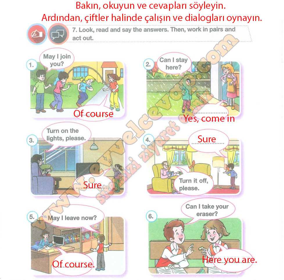 Look, read and say the answers. Then, work in pairs and act out ...