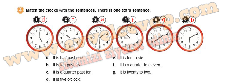 Match the clocks with the sentences. There is one extra sentence.