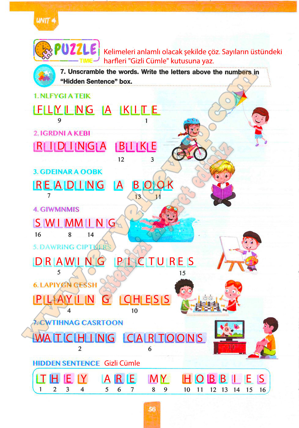 Unscramble the words. Write the letters above the numbers in “Hidden ...