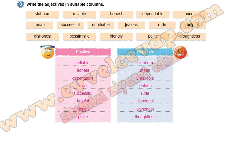 Write the adjectives in suitable columns.