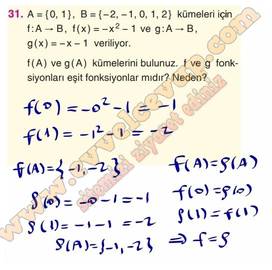 A = {0, 1}, B = {-2,-1,0,1,2} kümeleri için f:A^B, f(x) = -x2- 1 ve g:A ...