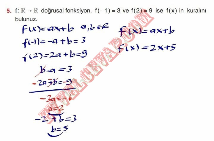 f:R→R doğrusal fonksiyon, f(-1) = 3 ve f(2) = 9 ise f(x) in kuralını ...