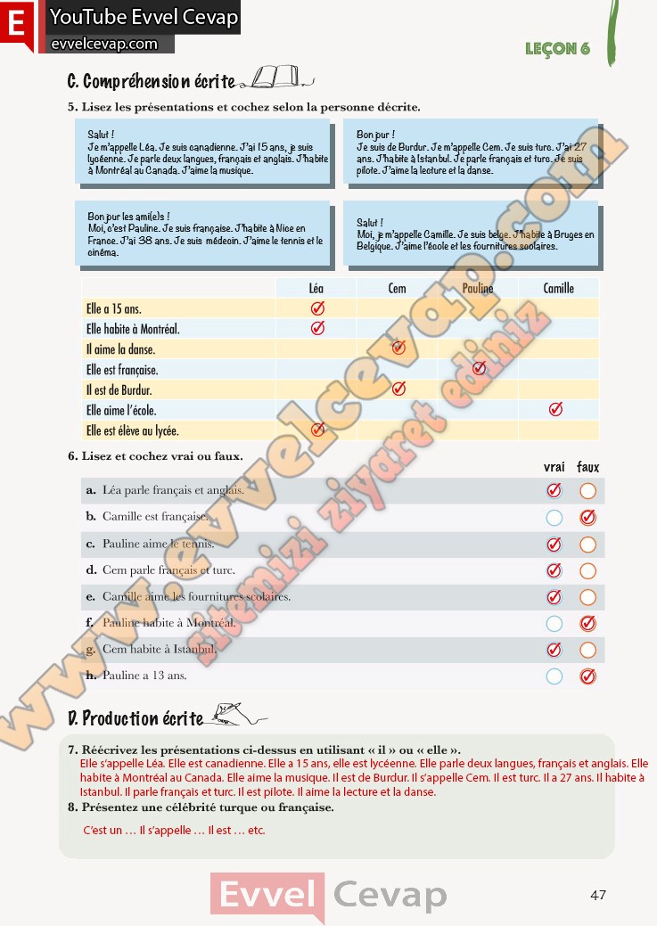 Fransızca A1.1 Ders Kitabı Cevapları Meb Yayınları Sayfa 47