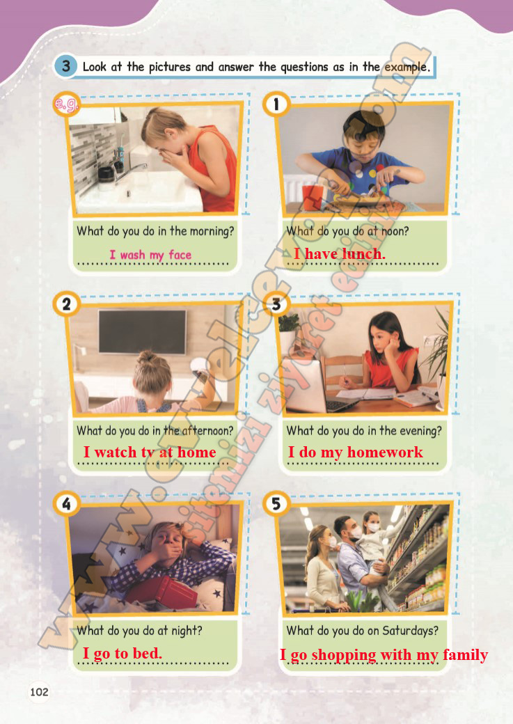 Look at the pictures and ansvver the questions as in the example.