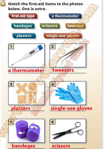 Match the first-aid items to the photos below. One is extra.