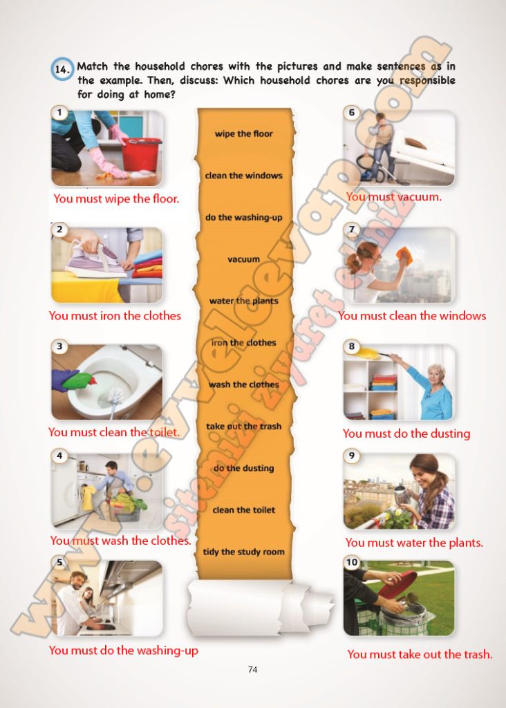 Match the household chores with the pictures and make sentences as in ...