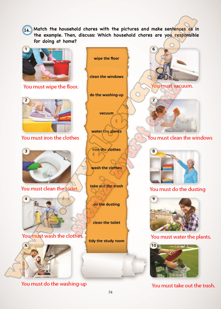 Match the household chores with the pictures and make sentences as in ...