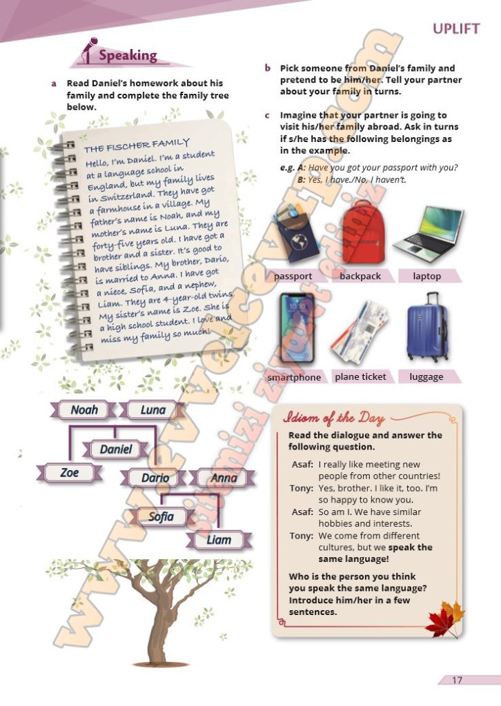 Read Daniel's homework about his family and complete the family tree below.