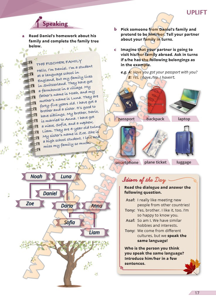 Read Daniel's homework about his family and complete the family tree below.