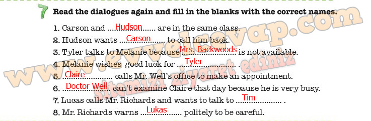 Read the dialogues again and fill in the blanks with the correct names.