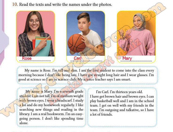 Read the texts and write the names under the photos. - Evvel Cevap