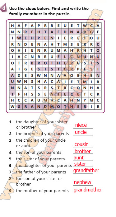 Use the clues below. Find and write the family members in the puzzle.