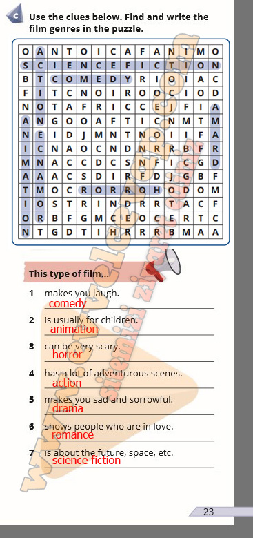 Use the clues below. Find and write the film genres in the puzzle.