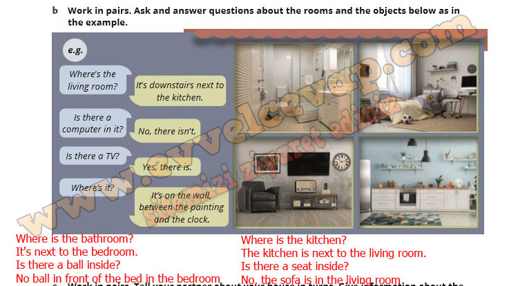 Work in pairs. Ask and answer questions about the rooms and the objects below as in the example.