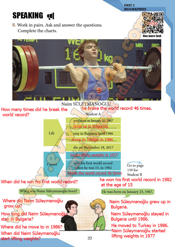 Work in pairs. Ask and answer the questions. Complete the charts.