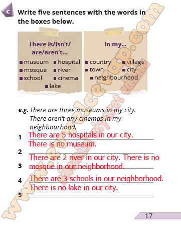 Write five sentences with the words in the boxes below.