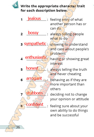 Write the appropriate character trait for each description below.